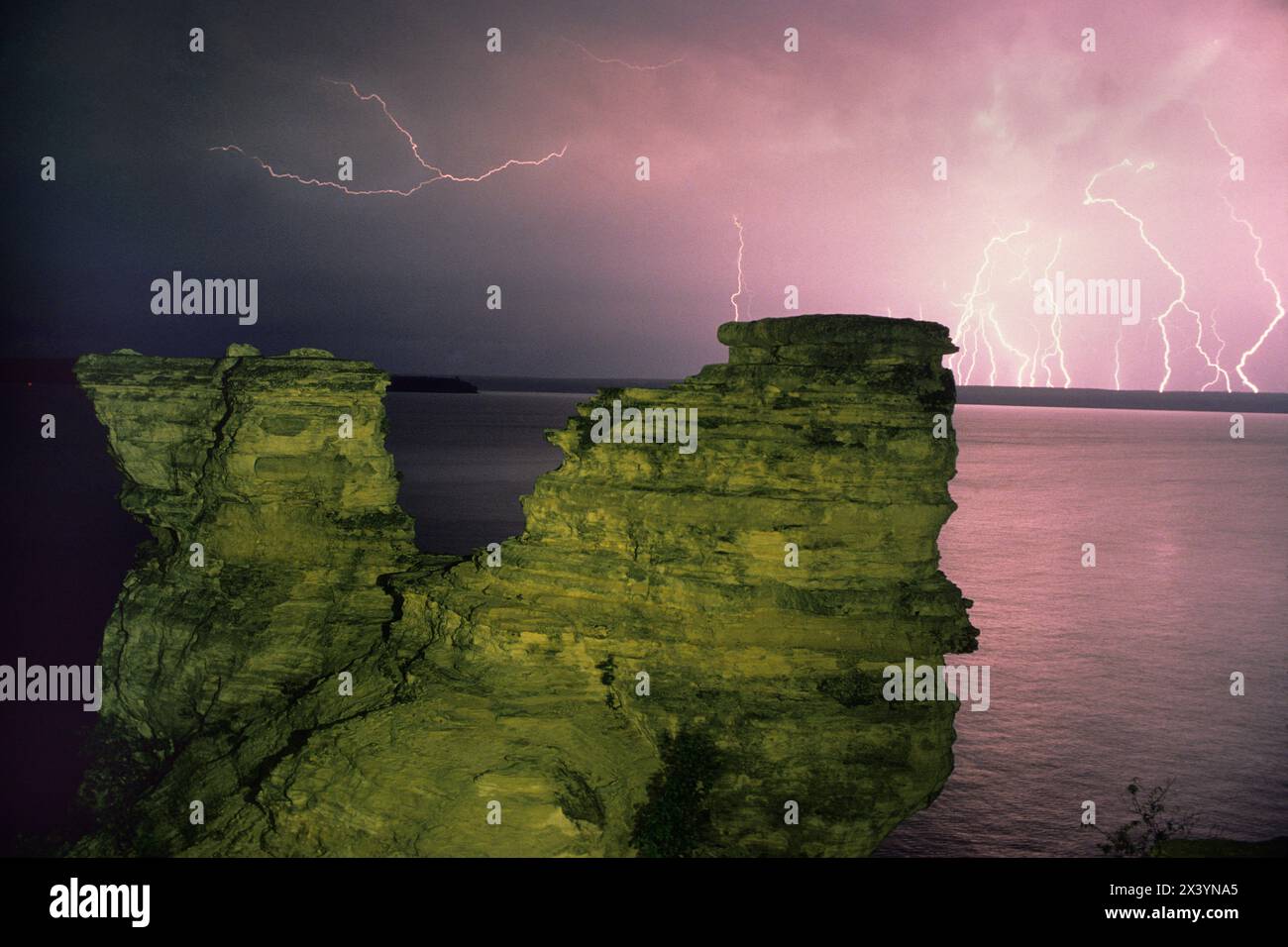 Pictured Rocks in Lake Superior with lightning Stock Photo - Alamy