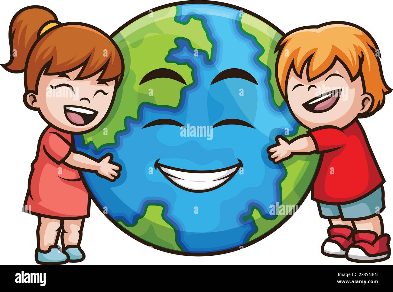 Two children hugging our planet Earth vector cartoon clip art Stock ...