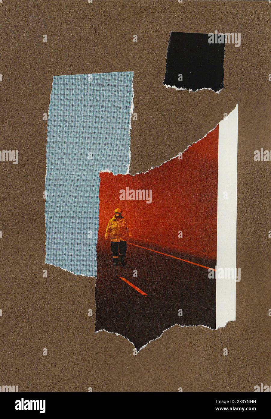 collage of a fireman walking along the road on a background of kraft ...