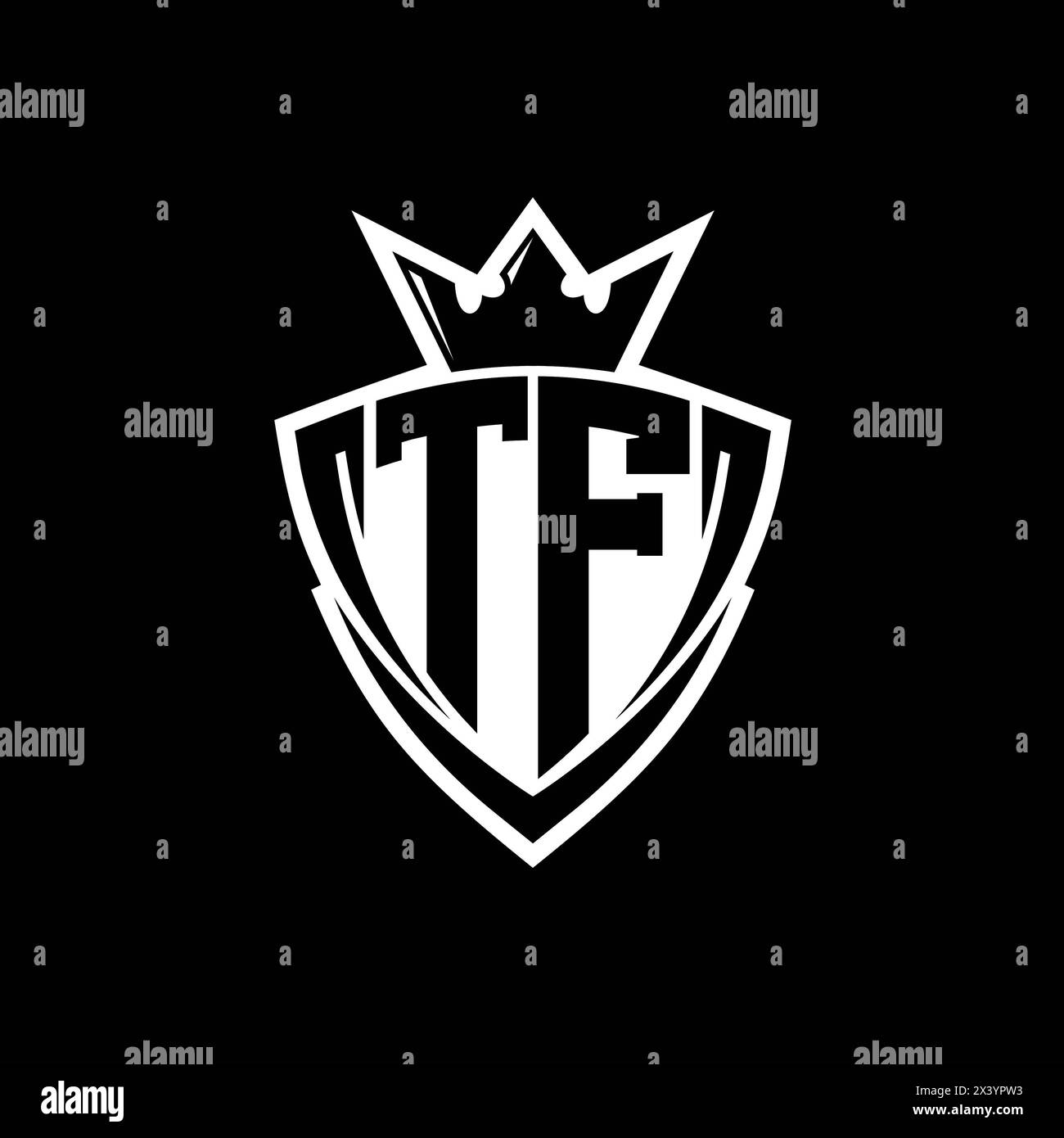 TF Bold letter logo with sharp triangle shield shape with crown inside white outline on black ...