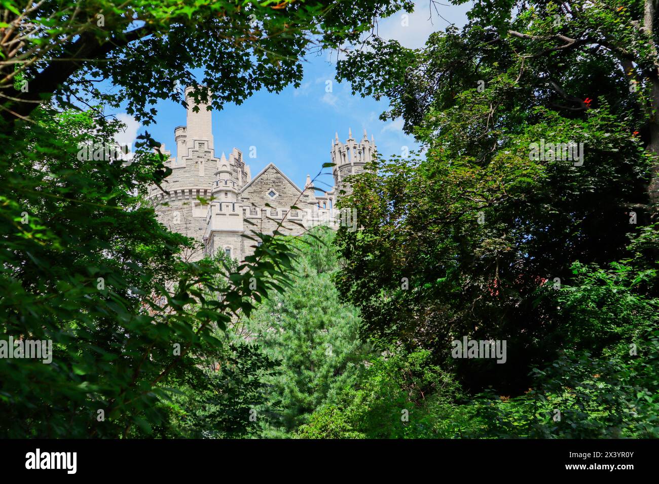 View of a castle through the trees with a blue sky Stock Photo - Alamy