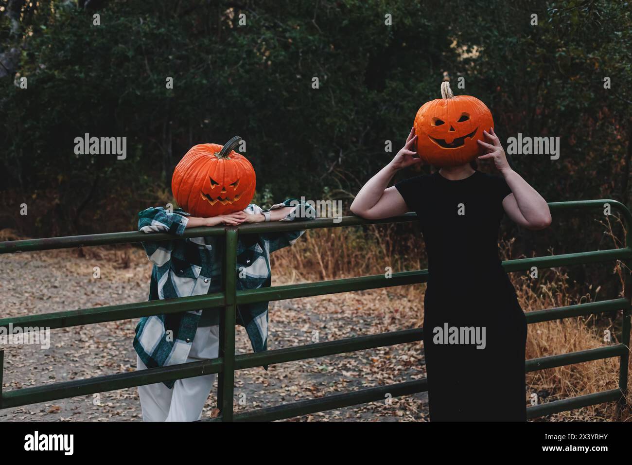 Two friends wearing carved Halloween pumpkin heads Stock Photo - Alamy