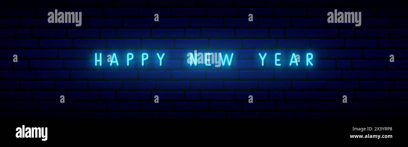 Happy New Year Neon signboard. NYE blue glowing inscription on dark ...
