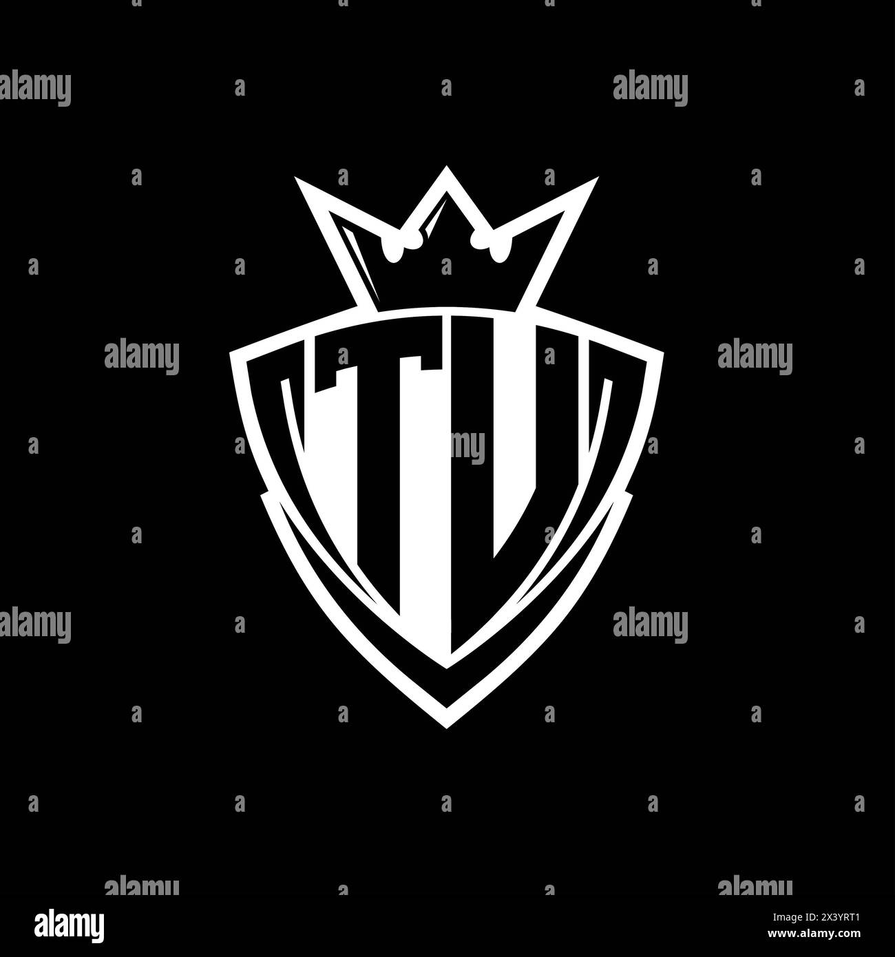 TU Bold letter logo with sharp triangle shield shape with crown inside white outline on black ...
