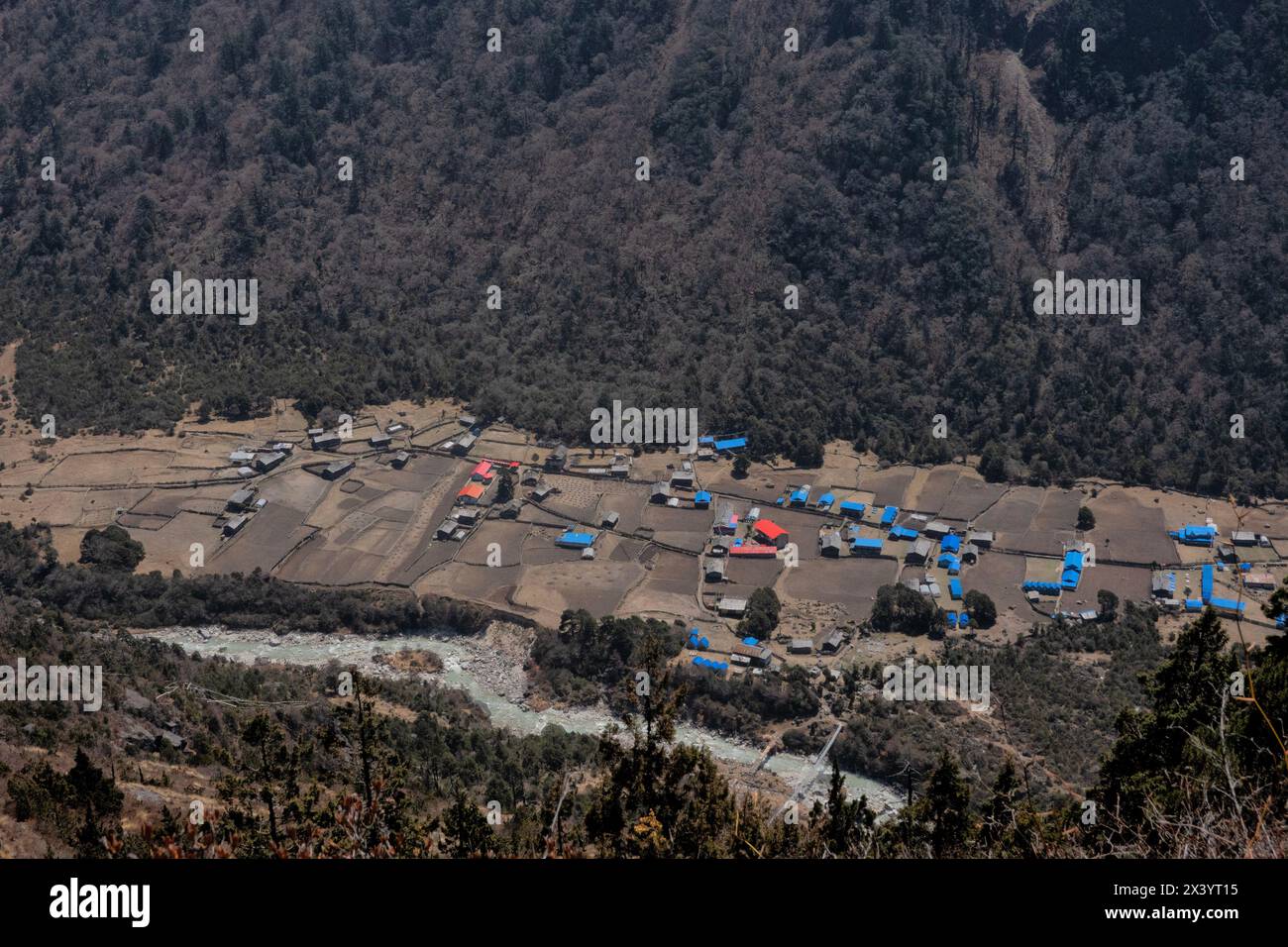 Aerial view of the Tibetan village of Ghunsa on the Kangchenjunga ...