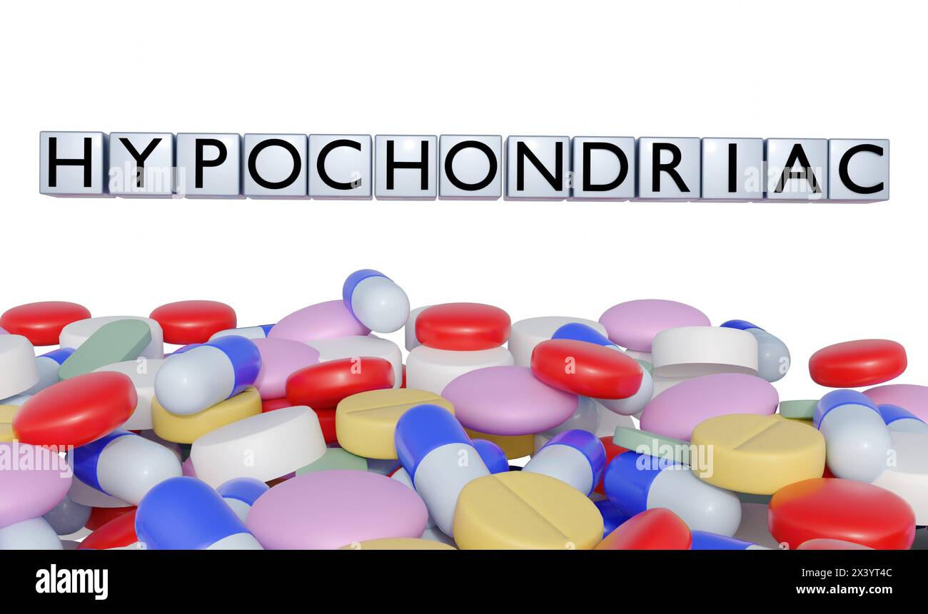 A 3d rendering of hypochondriac on the blocks with variety of drugs ...