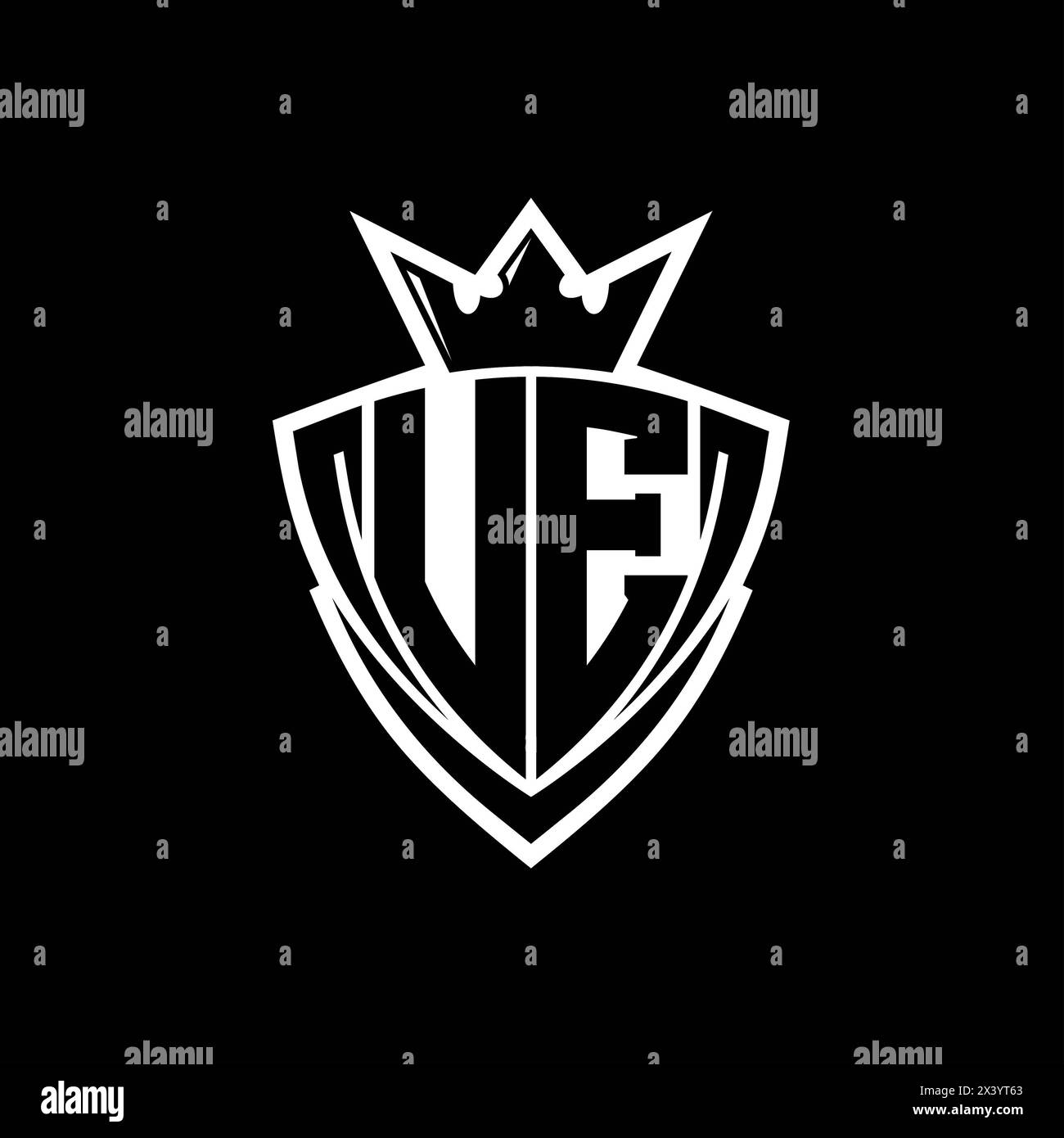 UE Bold letter logo with sharp triangle shield shape with crown inside ...