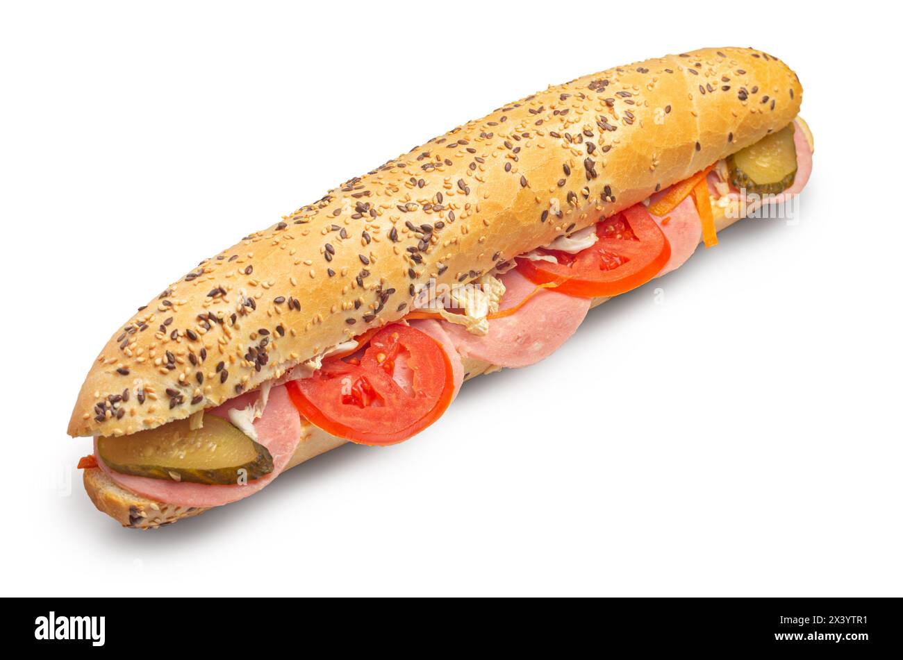 Big appetizing fast food baguette sandwich with lettuce, tomato, smoked ...