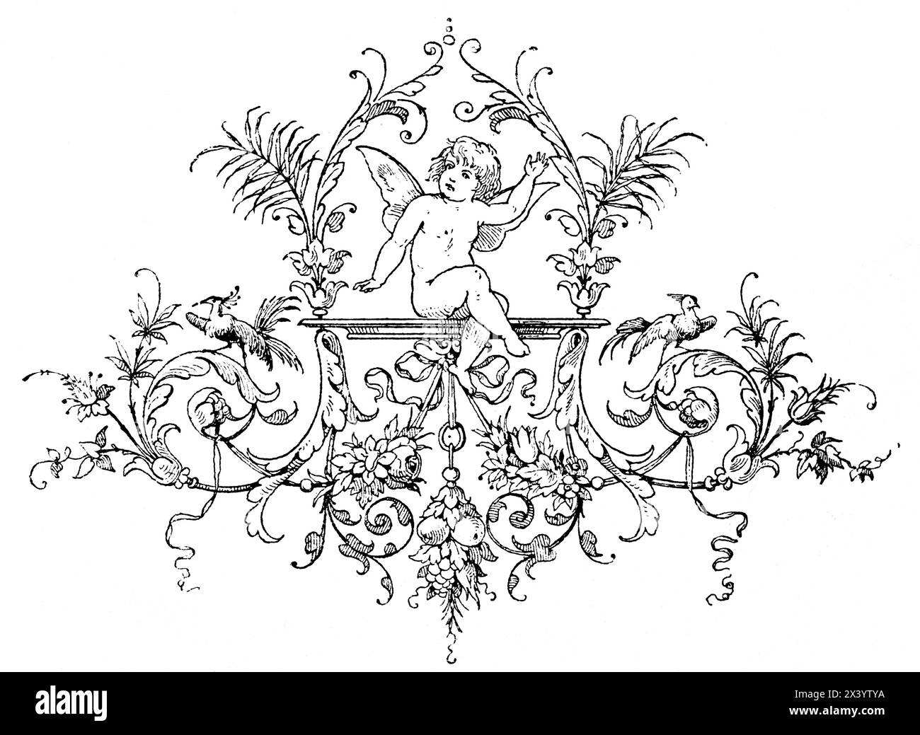 Signet in a book between two chapters, historic illustration 1880 Stock ...