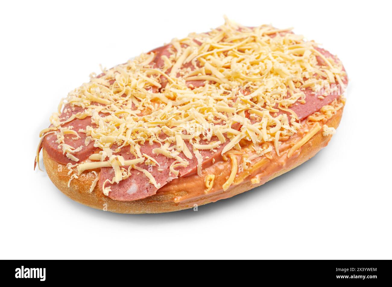 pita bread with cottage cheese, salami . Mini pizzas isolated on white ...