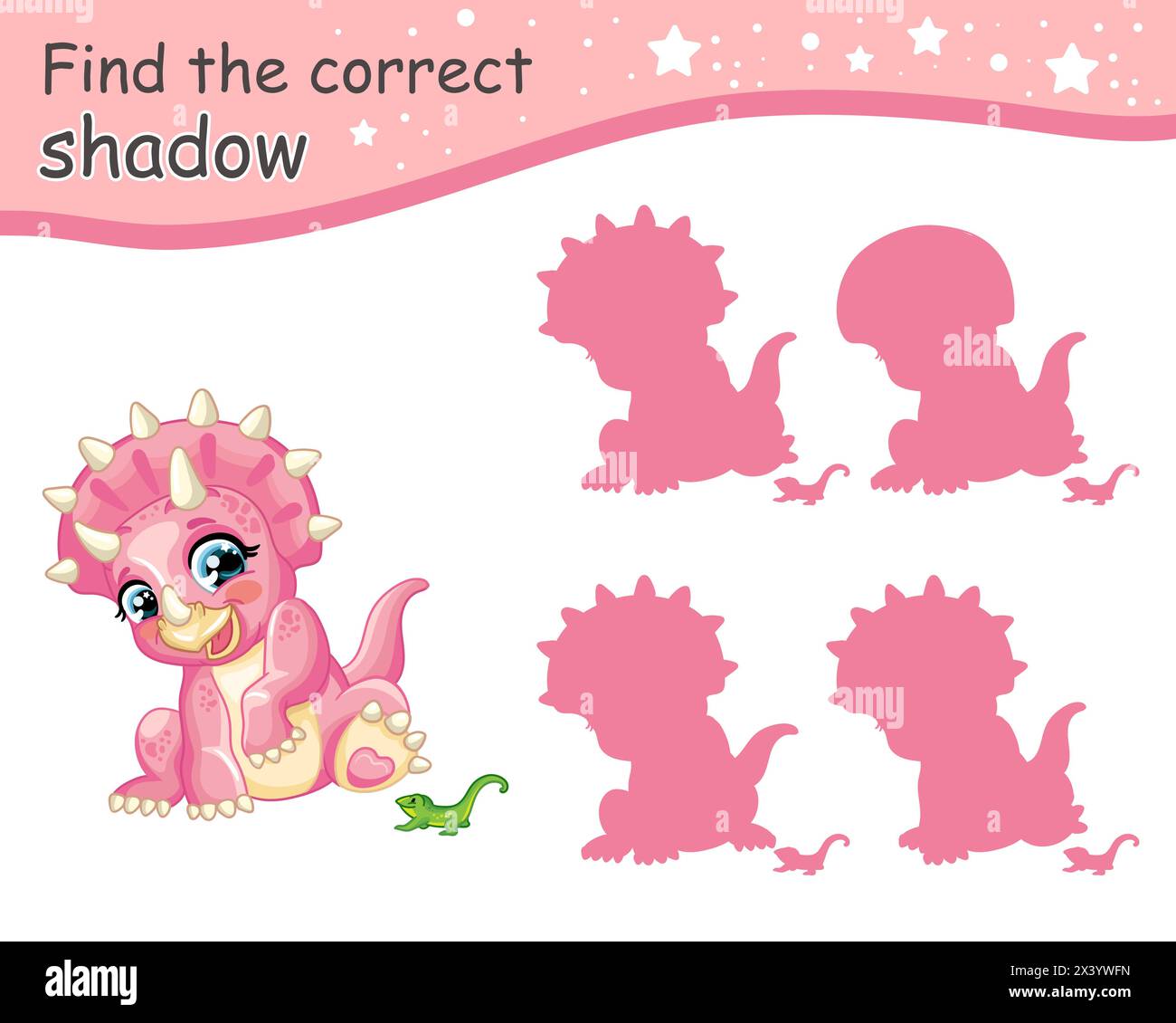 Find correct shadow. Cute cartoon pink triceratops dinosaur with lizard ...