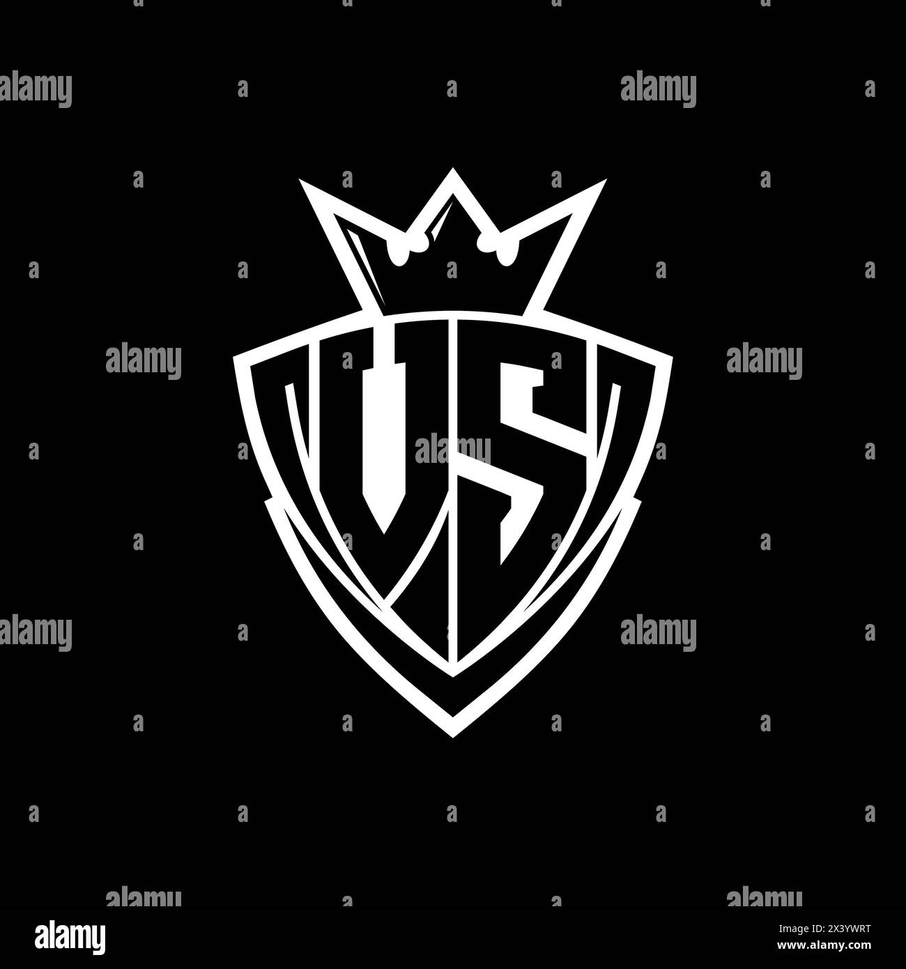 VS Bold letter logo with sharp triangle shield shape with crown inside ...