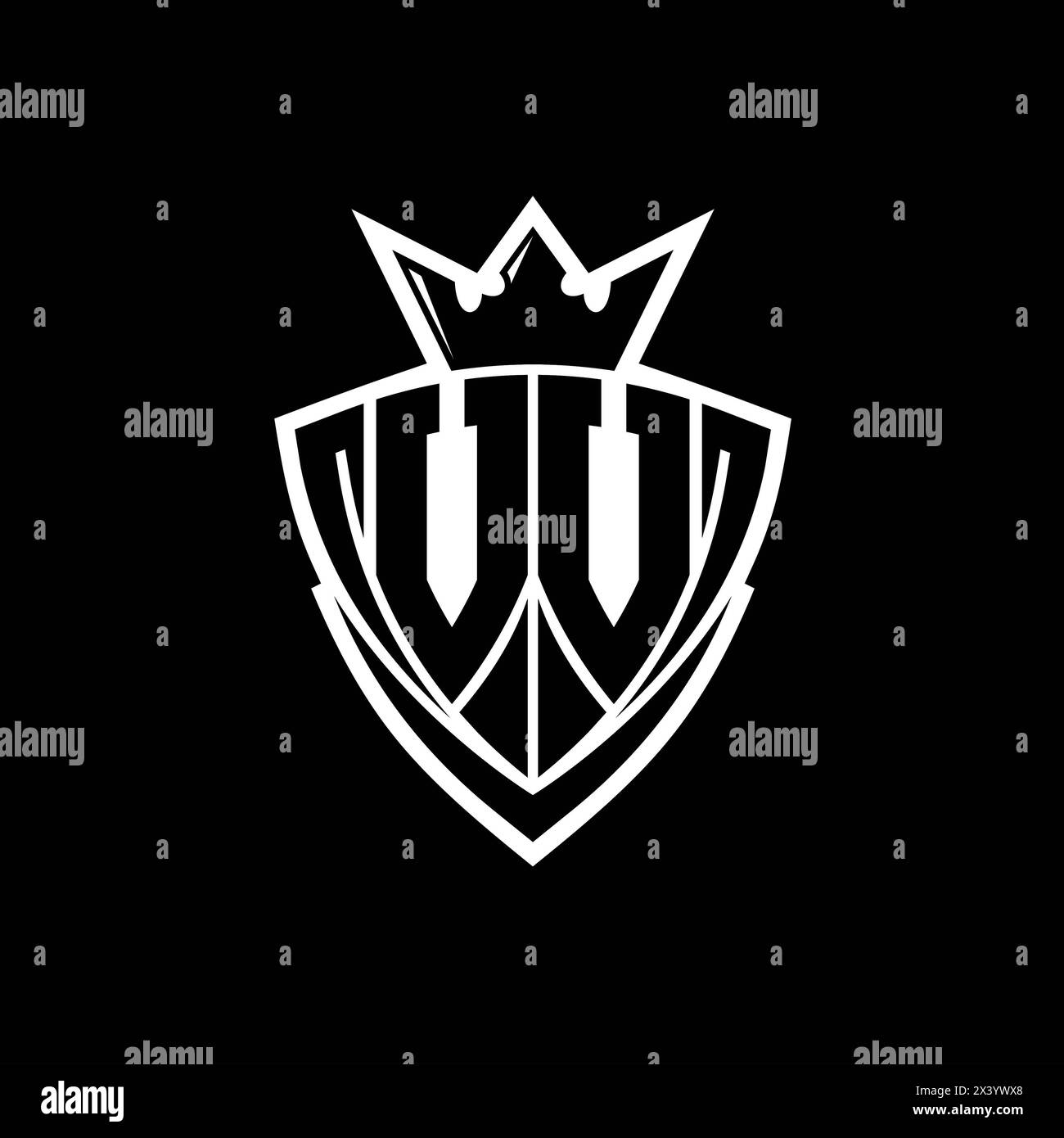 VV Bold letter logo with sharp triangle shield shape with crown inside white outline on black ...