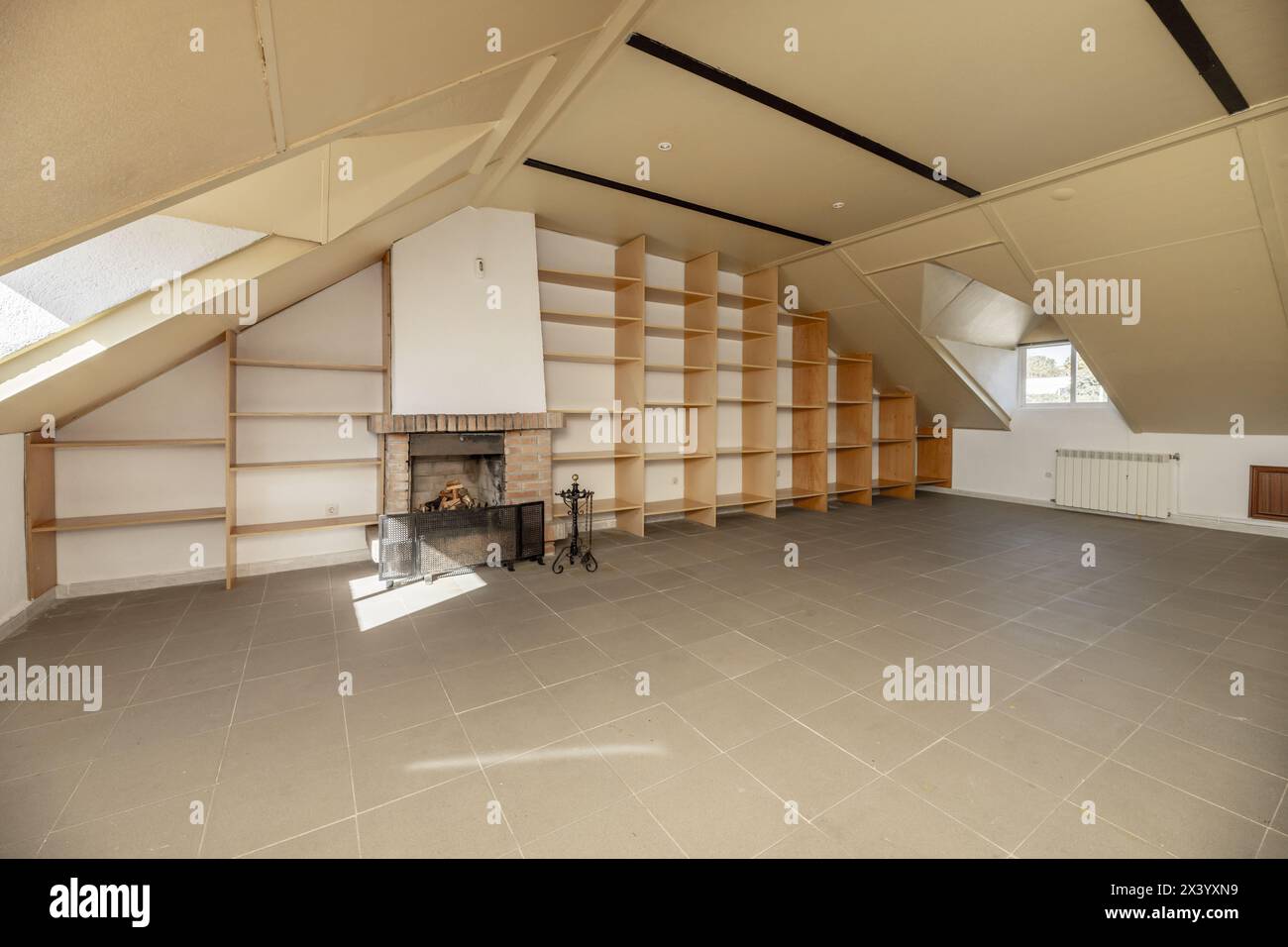 Large attic with wall of shelves, windows with skylights, glass ...