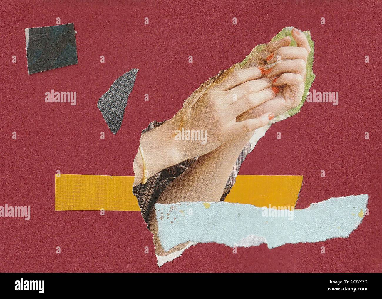 red collage on the background of folded hands. Female hands Stock Photo ...