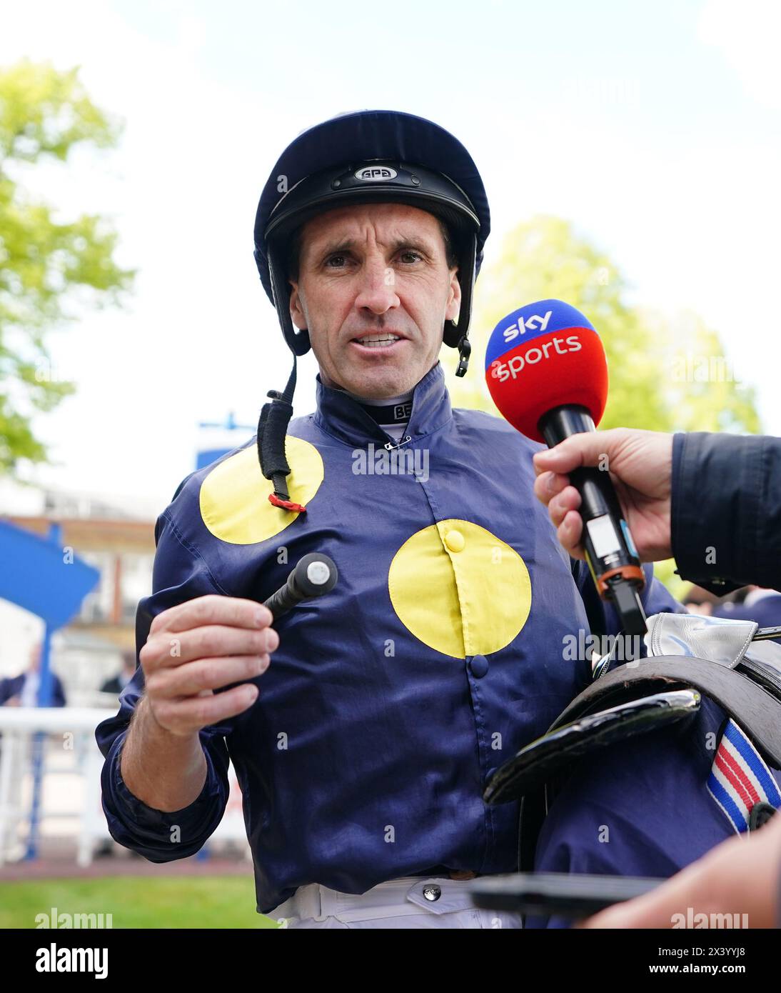 Jockey Neil Callan speaks to the media after the British Stallion Studs ...