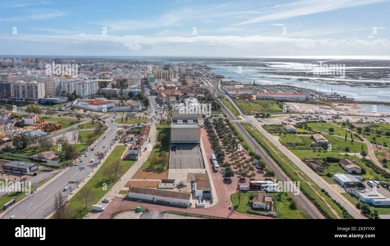 The Portuguese oceanfront city of Faro overlooking a theater, filmed ...