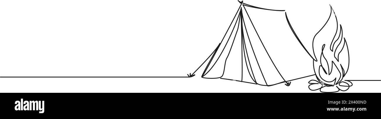 continuous single line drawing of campground with tent and campfire ...