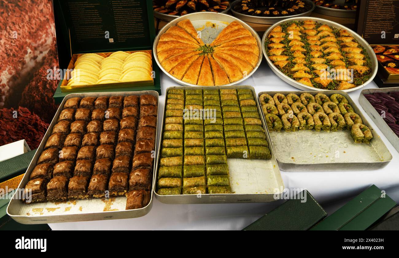 Turkish, Baku baklava, various oriental sweets on the counter for sale ...