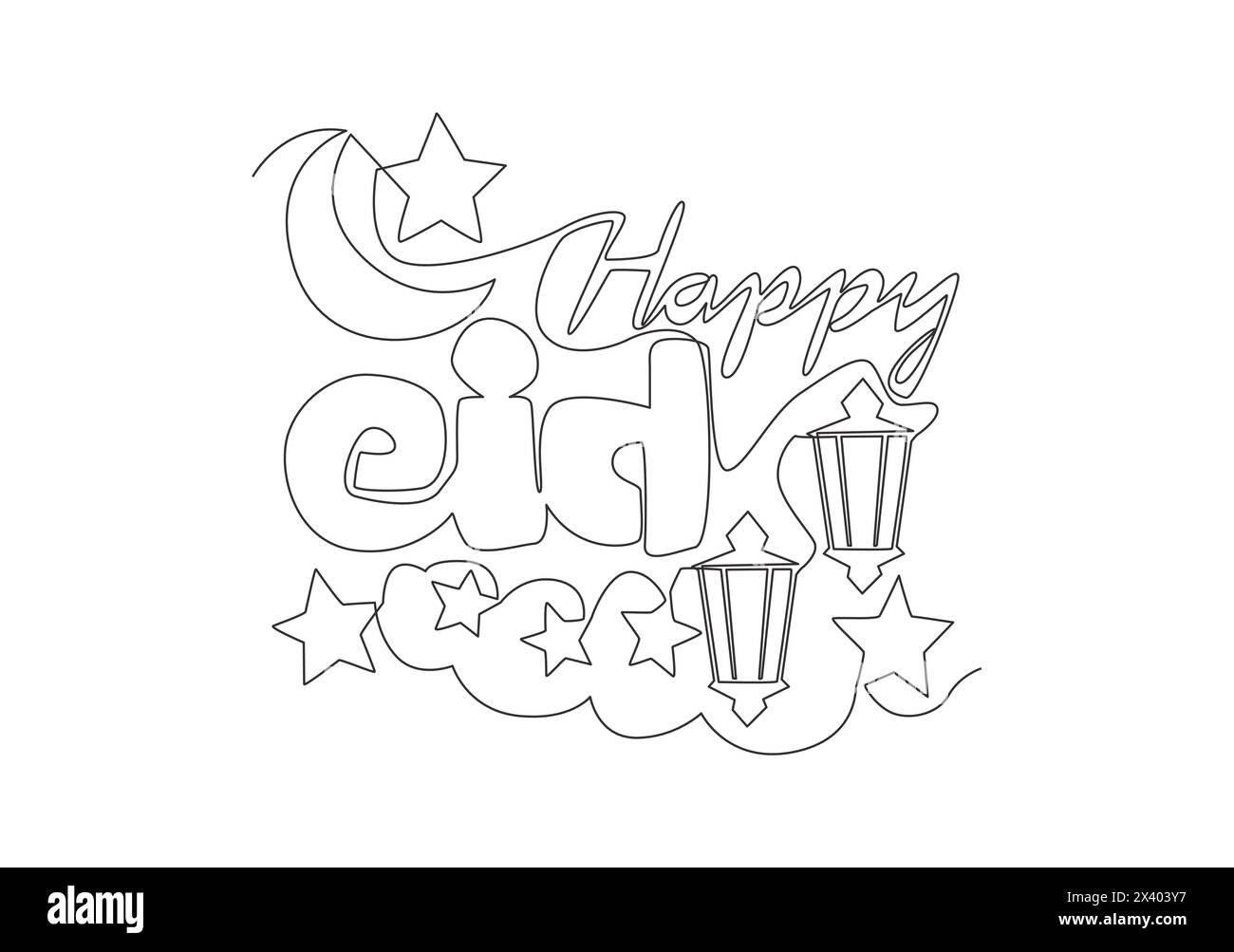 Single continuous line drawing of Happy Eid Al Fitr Mubarak and Ramadan ...