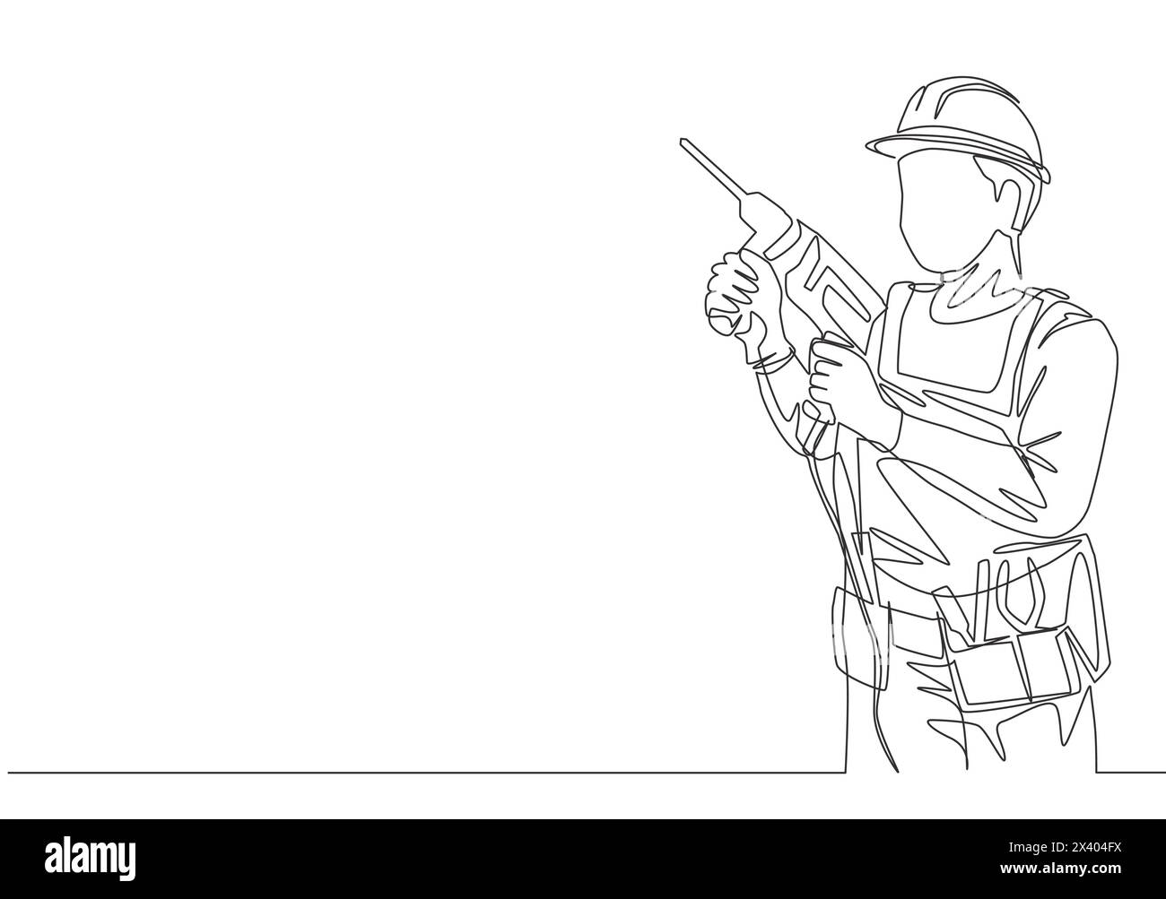 One continuous line drawing of young handyman holding drill machine ...
