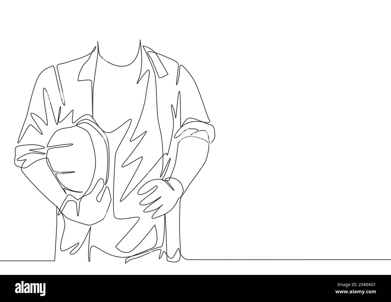 One single line drawing of young handyman wearing uniform while holding ...