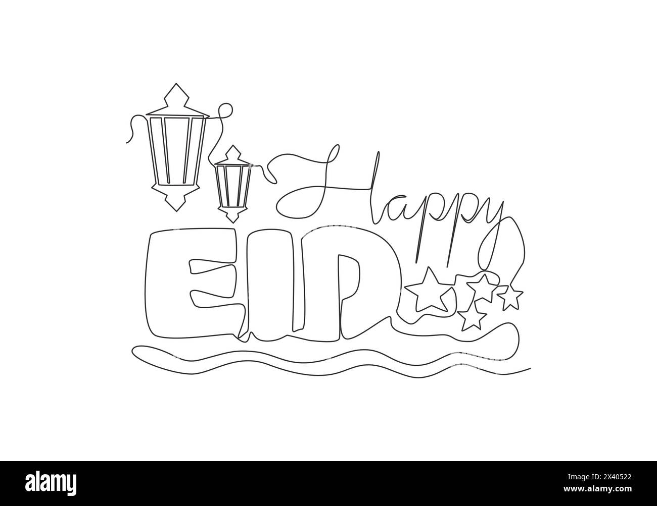 Single continuous line drawing of Happy Eid Al Fitr Mubarak and Ramadan ...