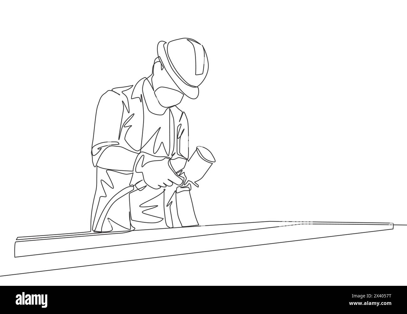 One single line drawing of young attractive handyman painting wooden ...