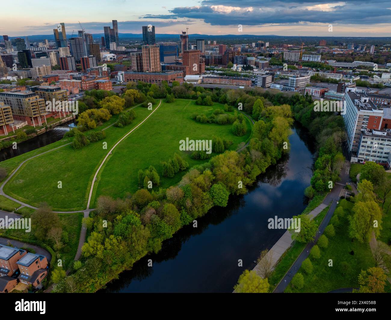 Aerial image taken above the river Irwell in Salford showing Manchester ...