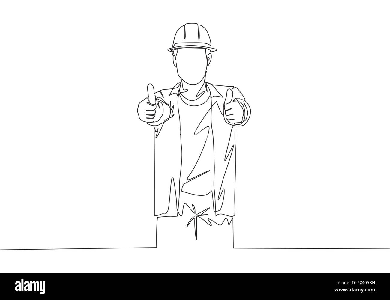 One single line drawing of young handsome handyman giving thumbs up ...
