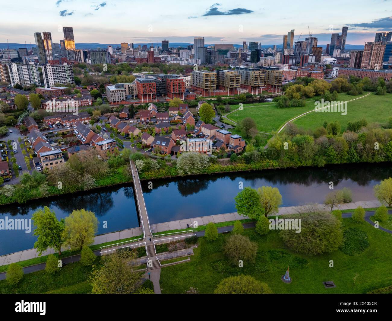 Aerial image taken above the river Irwell in Salford showing Manchester ...
