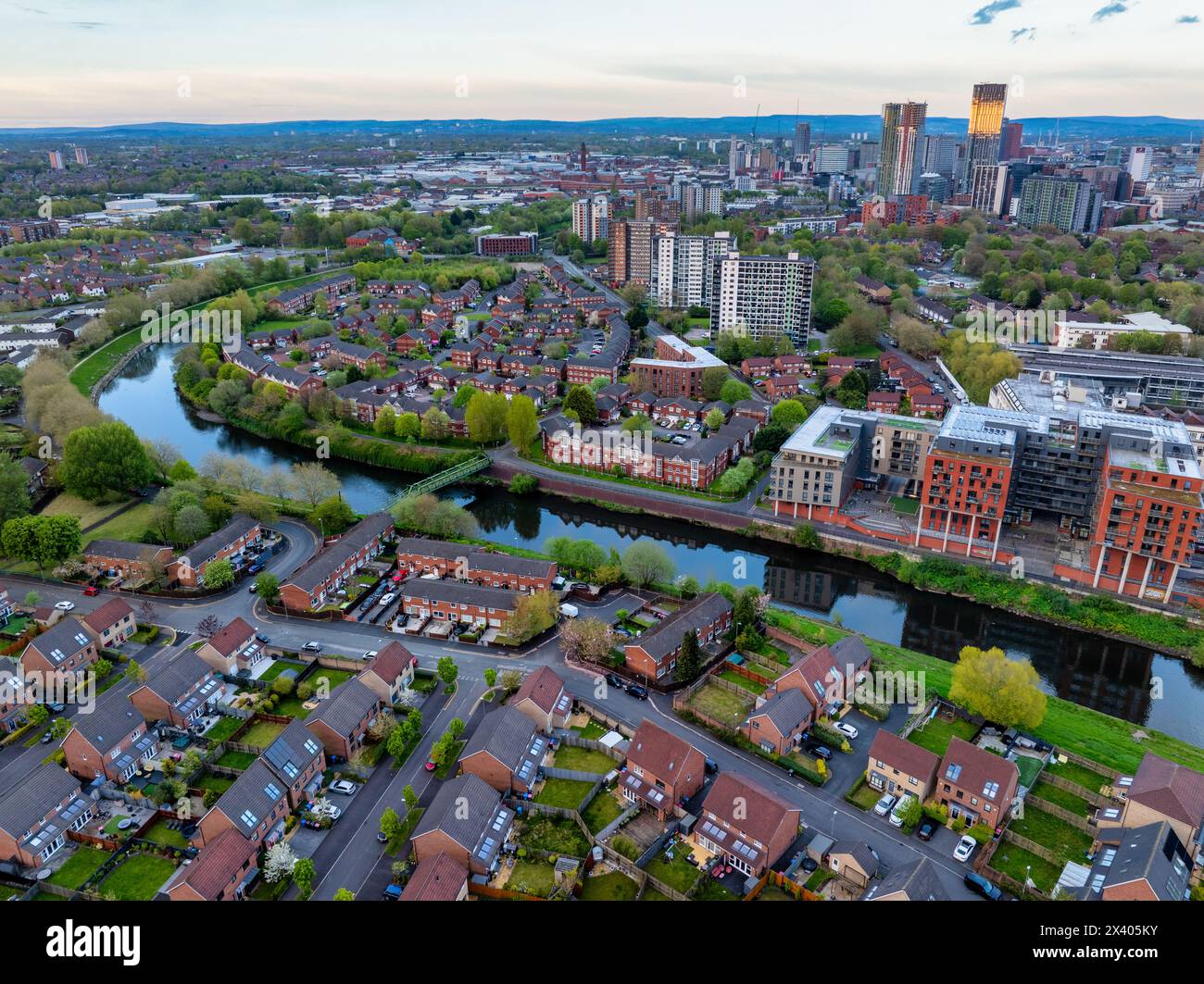 Aerial image taken above the river Irwell in Salford showing Manchester ...