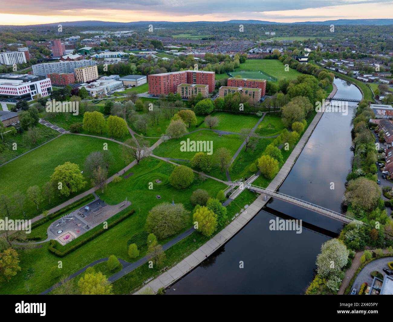 erial image of the Peel park in Salford UK and River Irwell Stock Photo ...