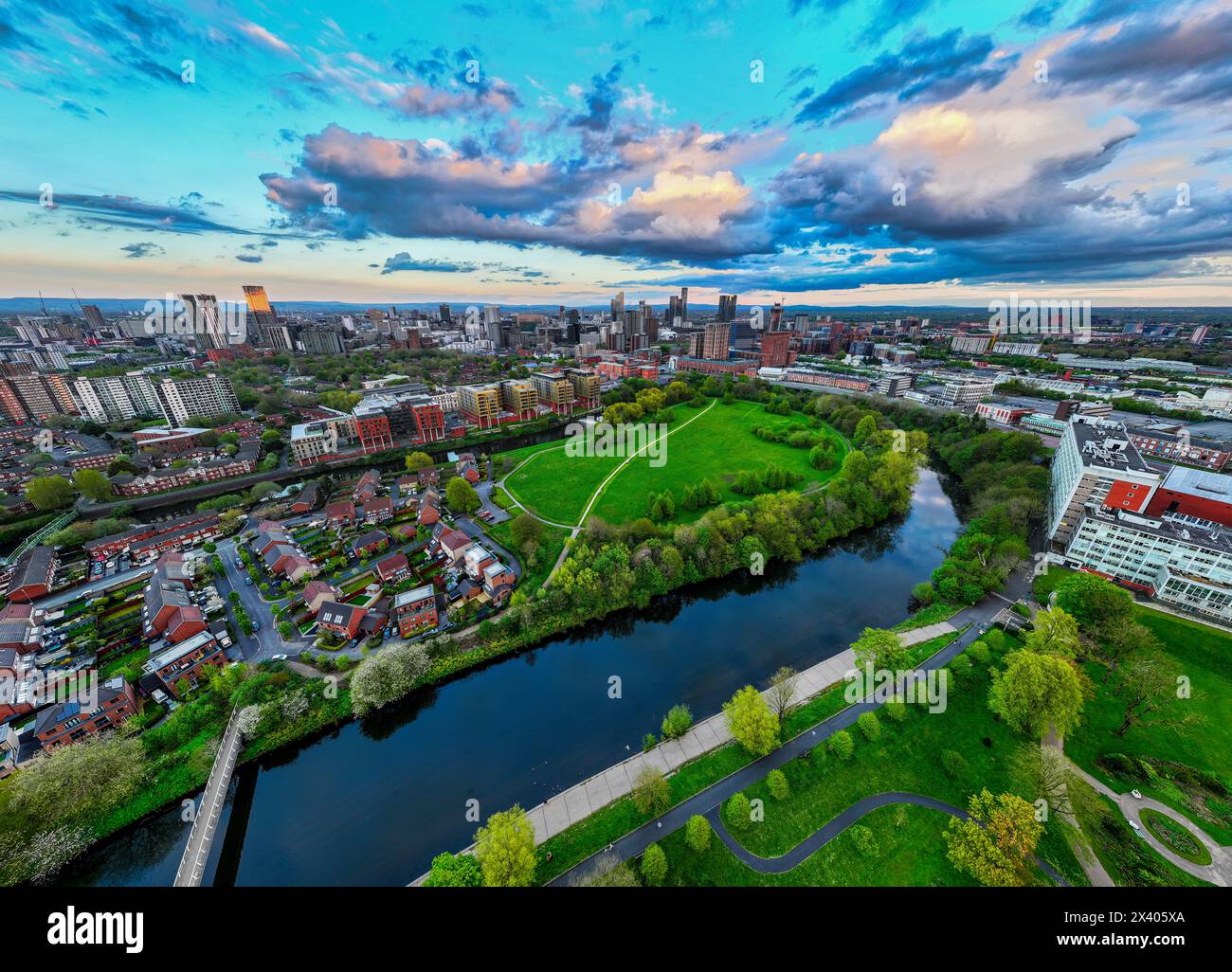 Ultra wide shot above the river Irwell showing the Meadow and ...