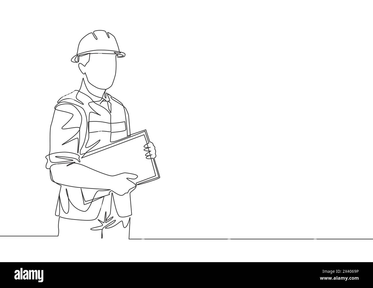 Single Continuous Line Drawing Of Young Attractive Foreman Controlling Building Development