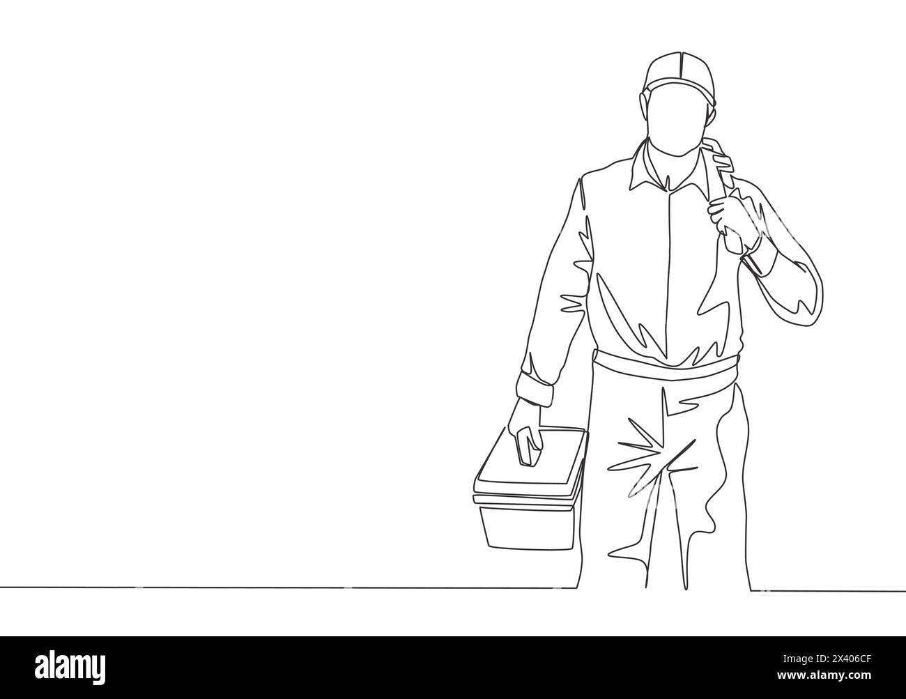 One continuous line drawing of young attractive plumber carrying tools ...