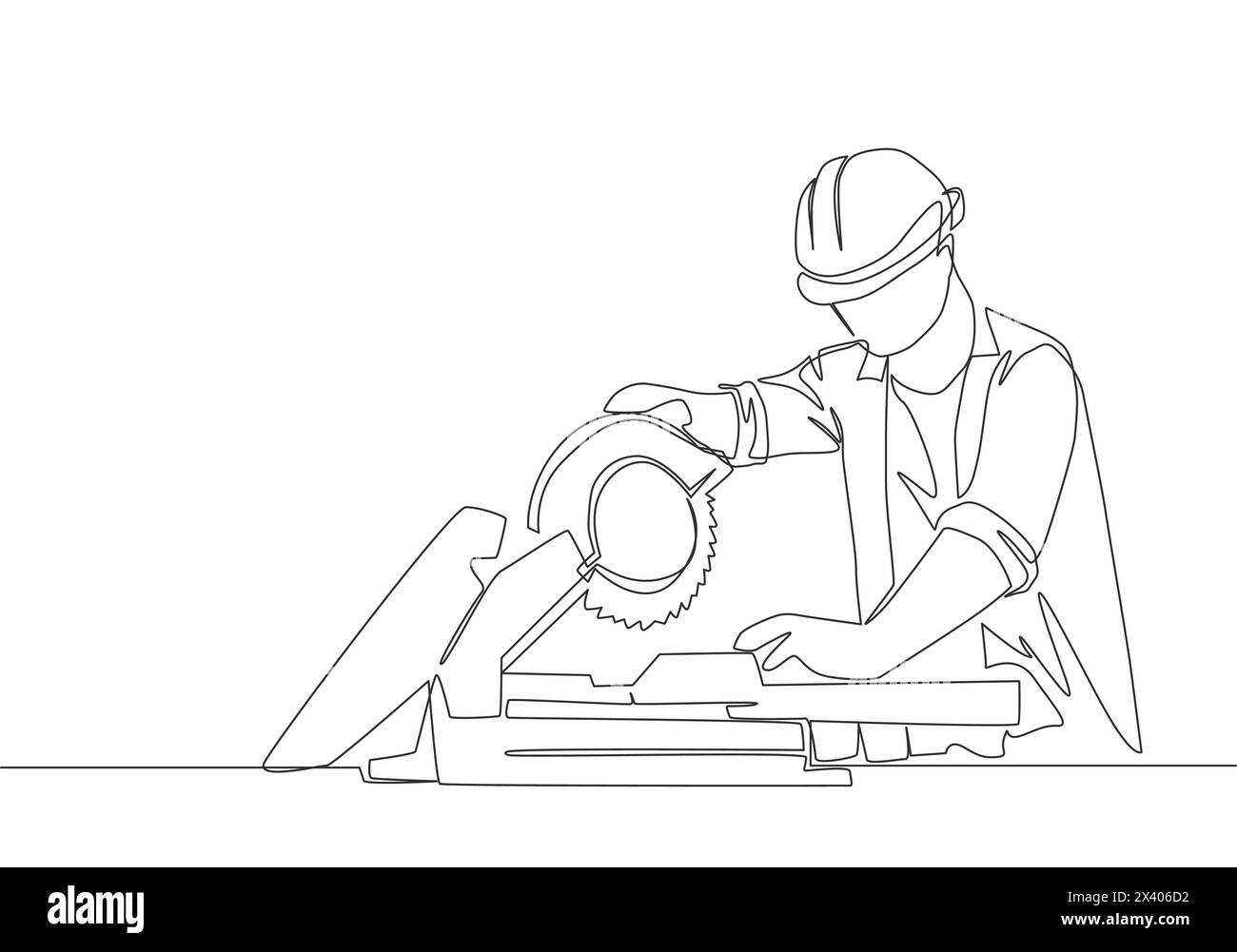 Single continuous line drawing of young attractive woodworker cutting ...