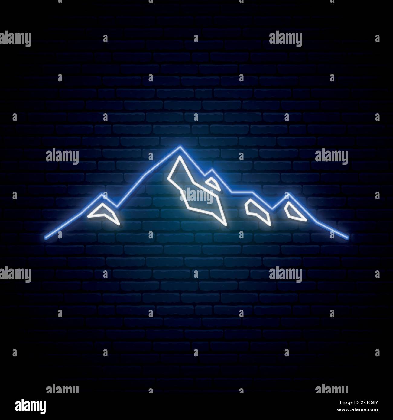 Neon Mountains icon on dark brick wall background. Bright tourist ...