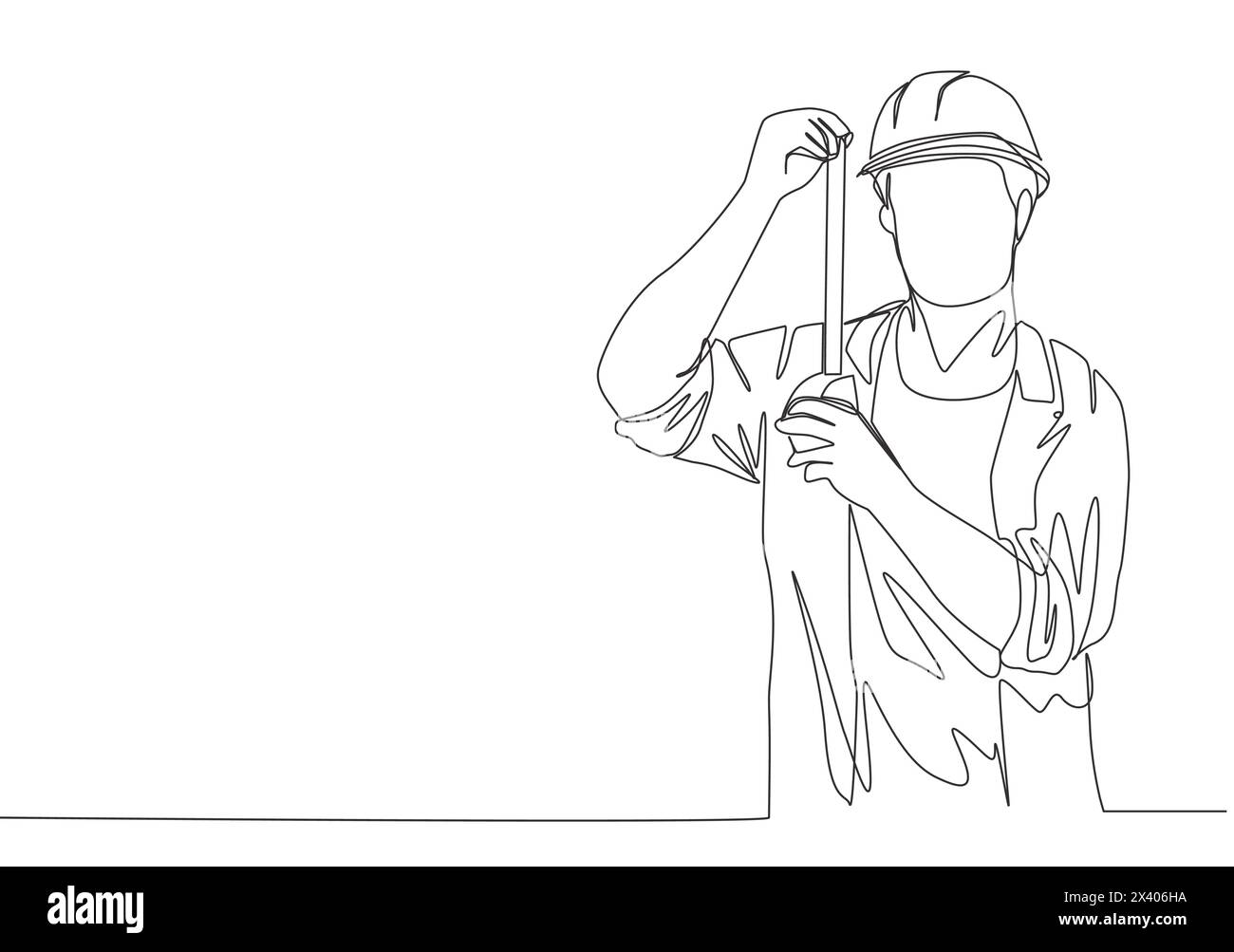Single continuous line drawing of young handsome handyman measuring the ...