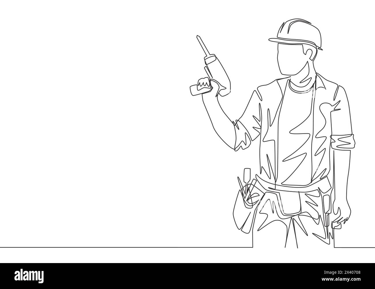 One single line drawing of young handyman wearing uniform while holding ...