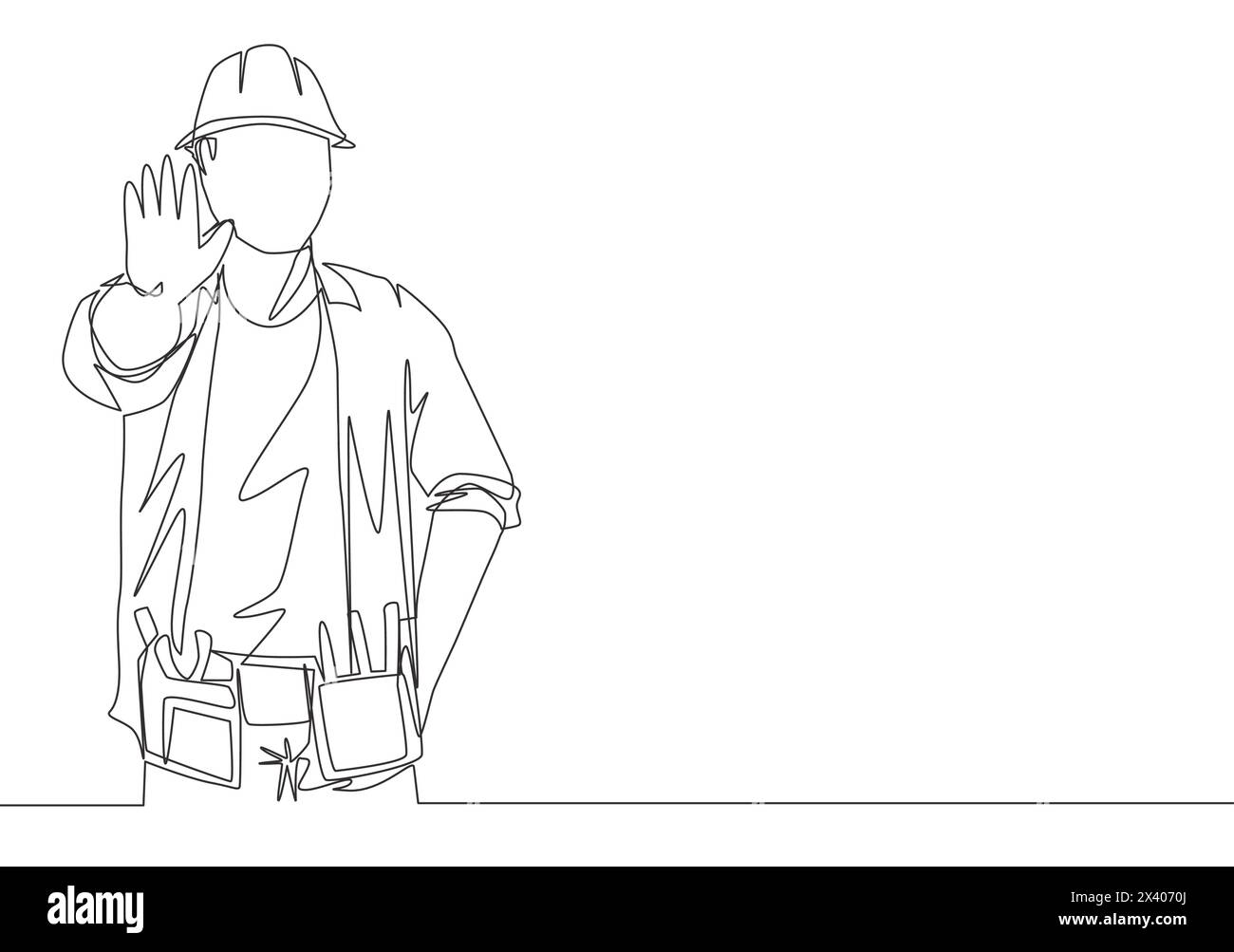 One continuous line drawing of young handyman lift his hands and giving ...