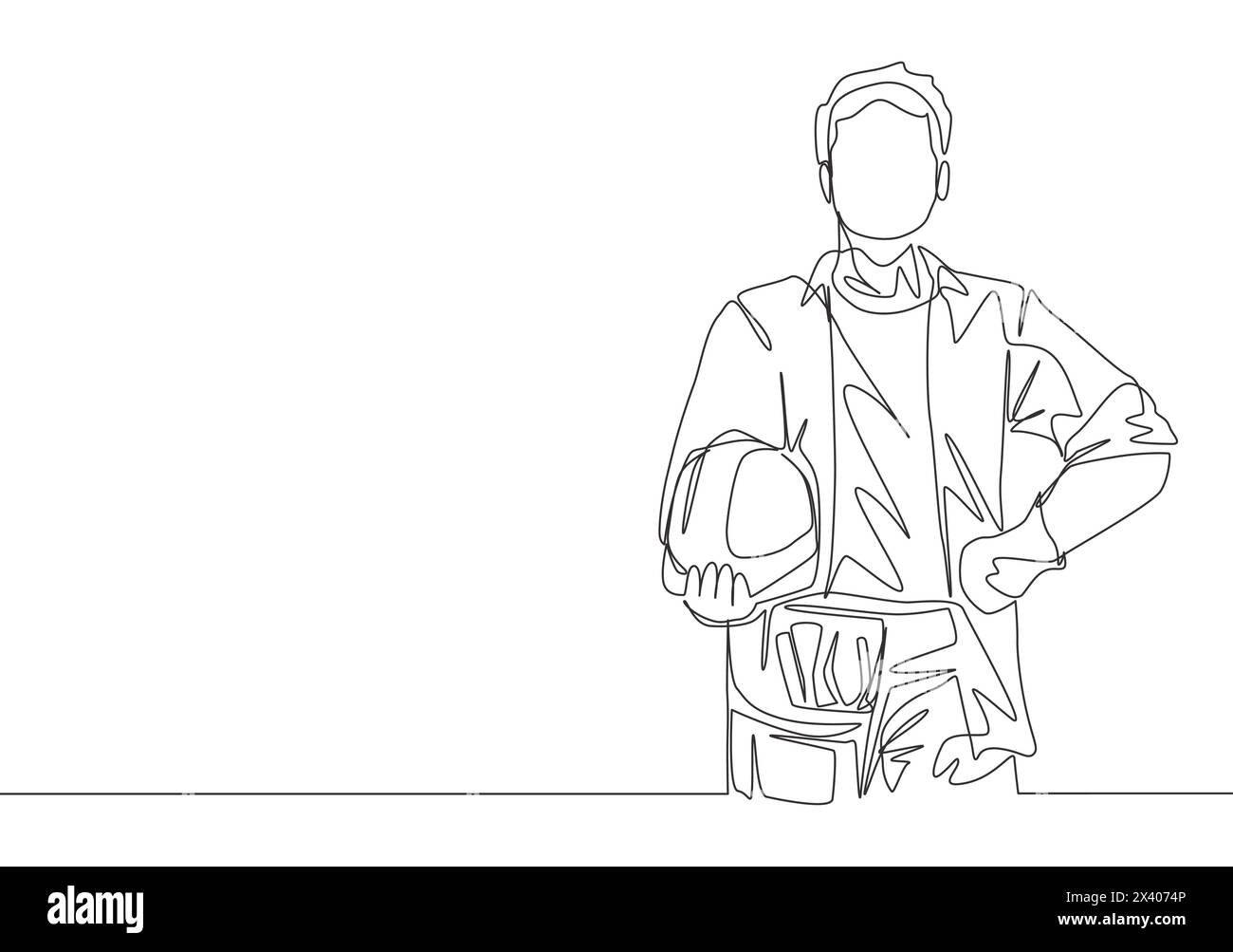 One single line drawing of young craftsman wearing building ...