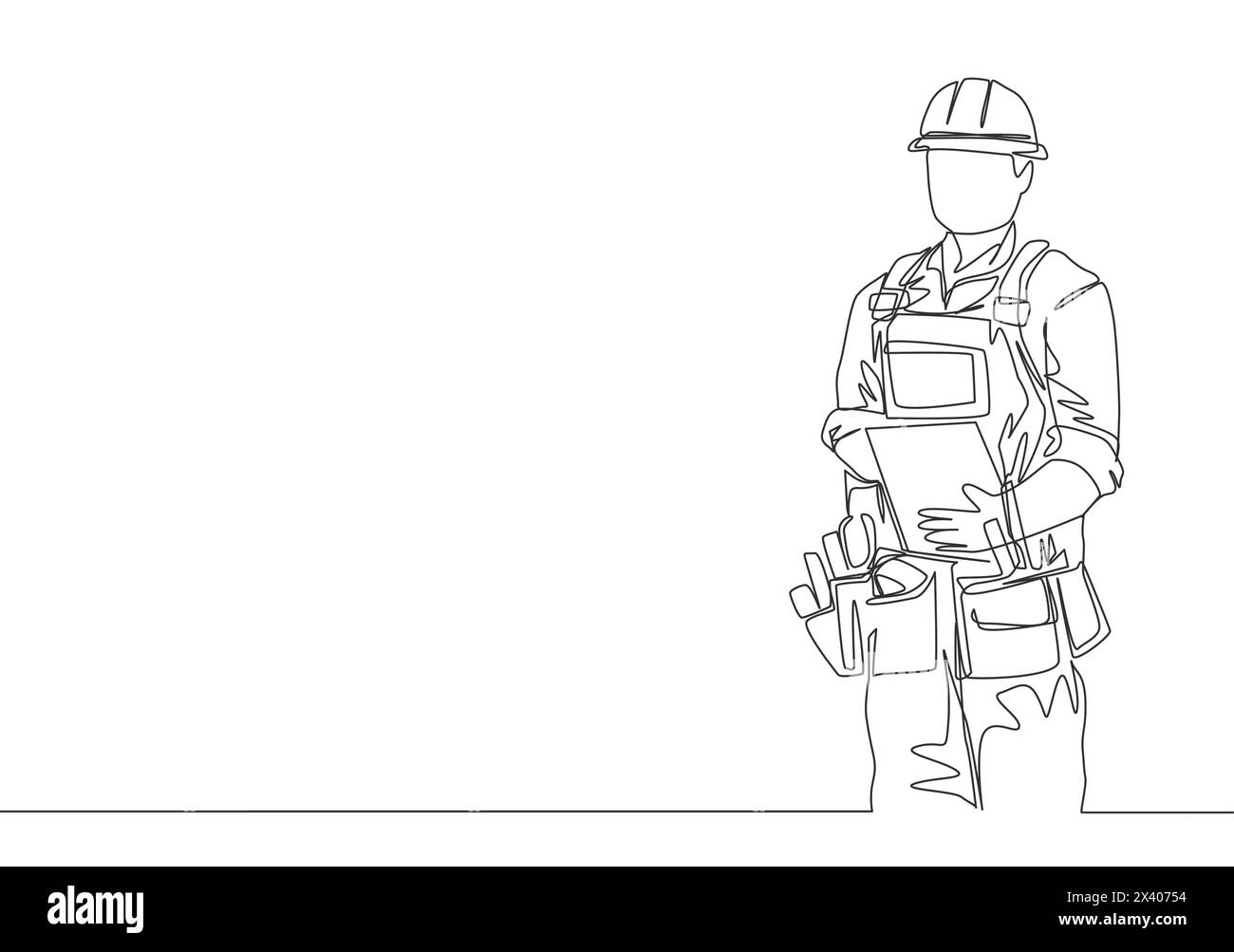 One continuous line drawing of young workman wear building construction ...
