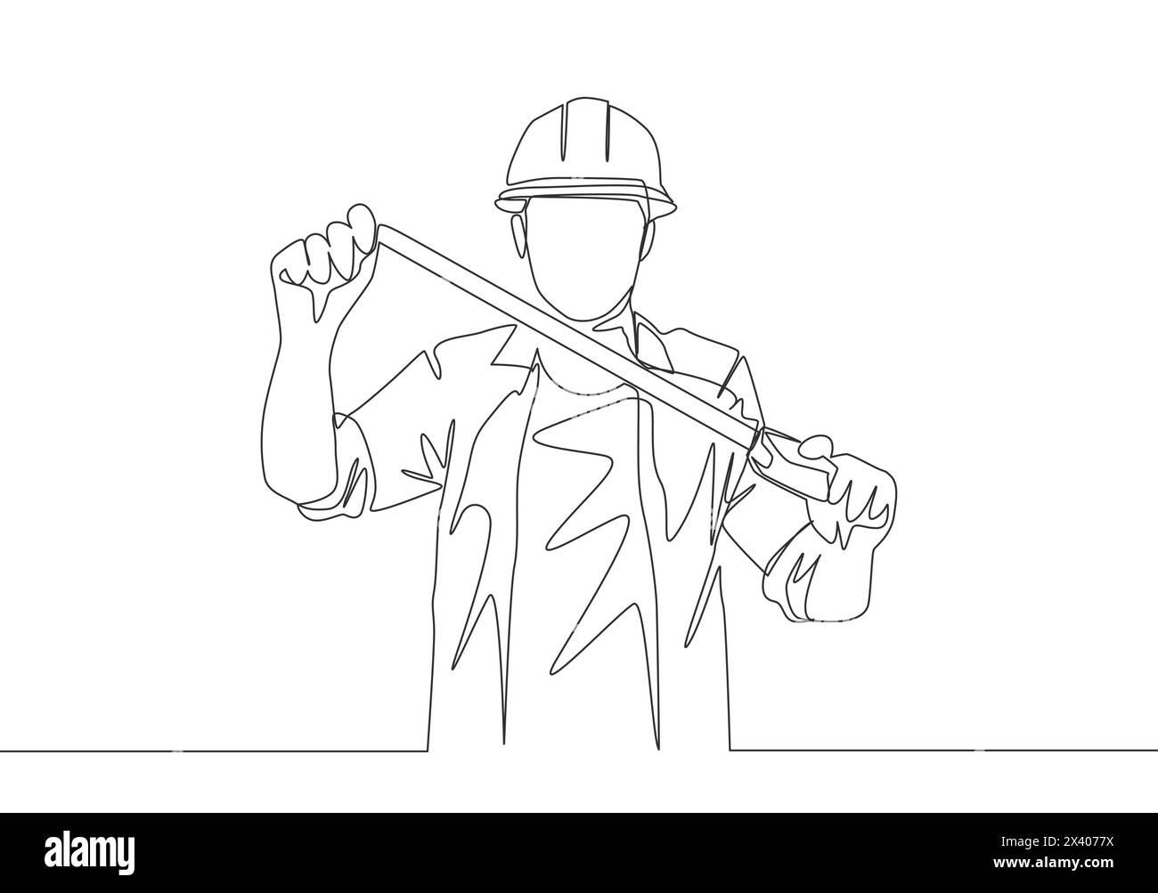 One single line drawing of young attractive handyman holding ...