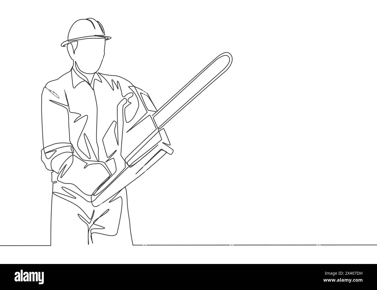 One continuous line drawing of young attractive woodworker holding big ...