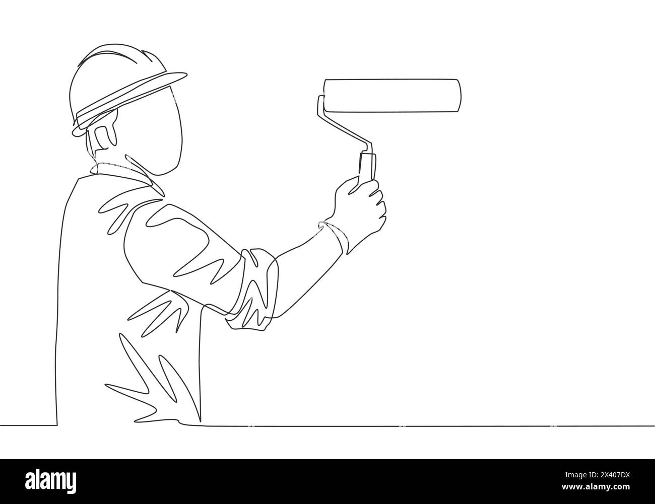 One single line drawing of young workman painting construction building ...