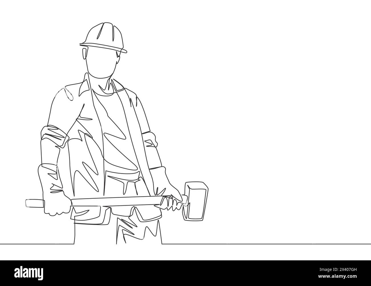 One single line drawing of young construction builder wearing uniform ...