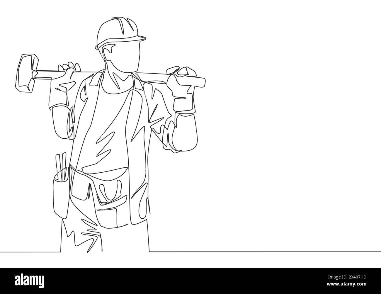 One single line drawing of young construction builder wearing uniform ...