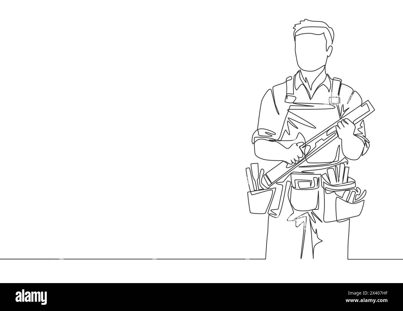 Single continuous line drawing of young handyman wearing building ...