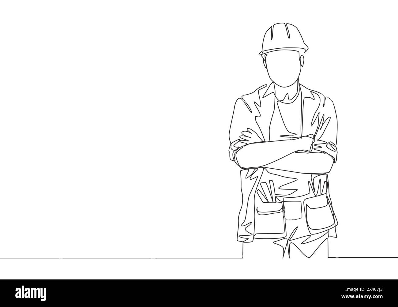 One continuous line drawing of young attractive handyman pose crossing ...